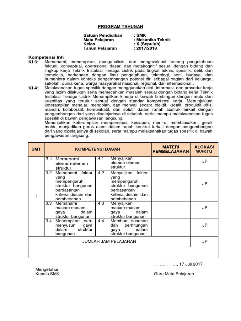 Program Tahunan Mekanika Teknik Kelas 10 SMK Revisi 2017 | PDF