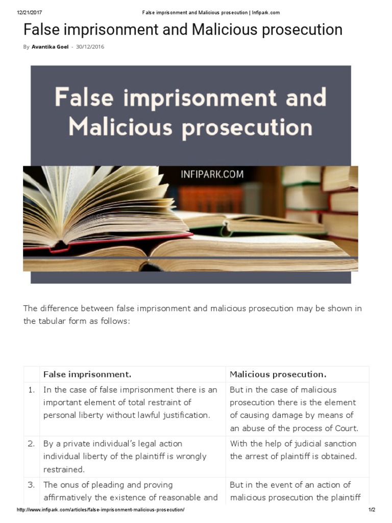 False Imprisonment and Malicious Prosecution - Infipark | PDF ...