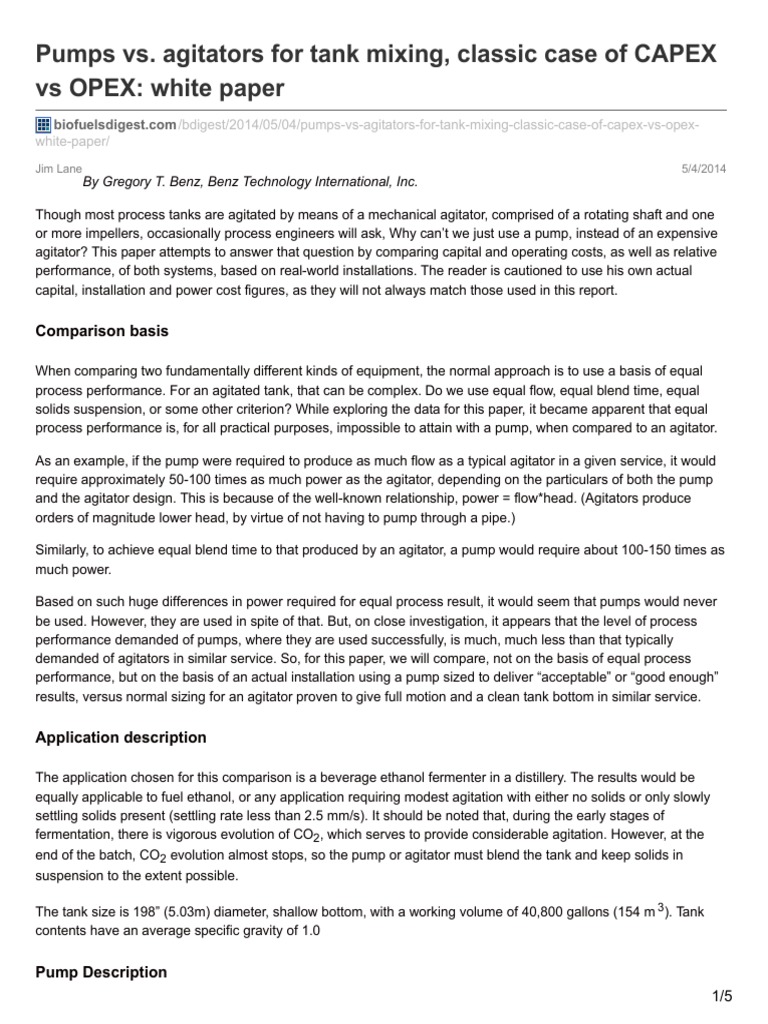 Pumps Vs Agitators For Tank Mixing Classic Case of CAPEX Vs OPEX White ...
