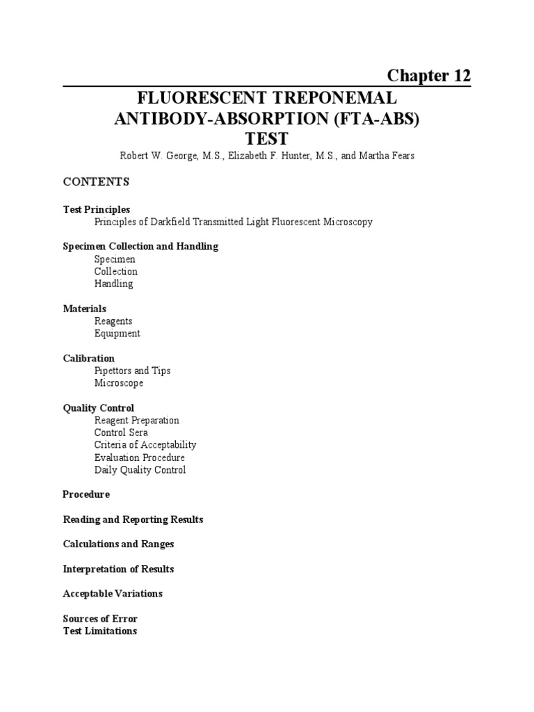 Fluorescent Treponemal Antibody Absorption FTA ABS Test | PDF ...