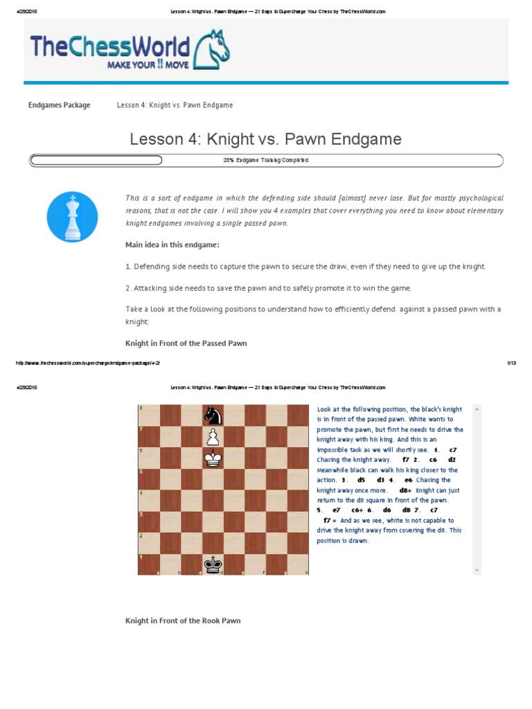 Lesson 4 - Knight vs. Pawn Endgame - 21 Days To Supercharge Your Chess ...