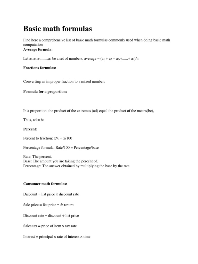 Basic Math Formulas | PDF