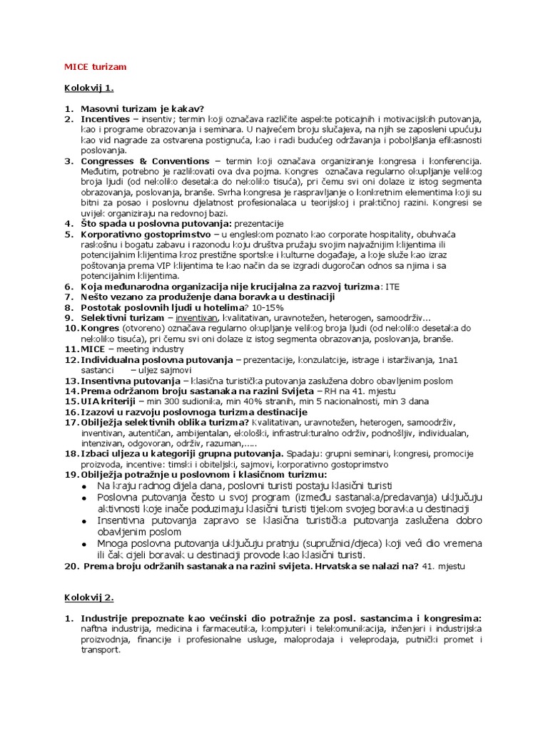 Završni Ispiti Pitanja Mice Turizam | PDF