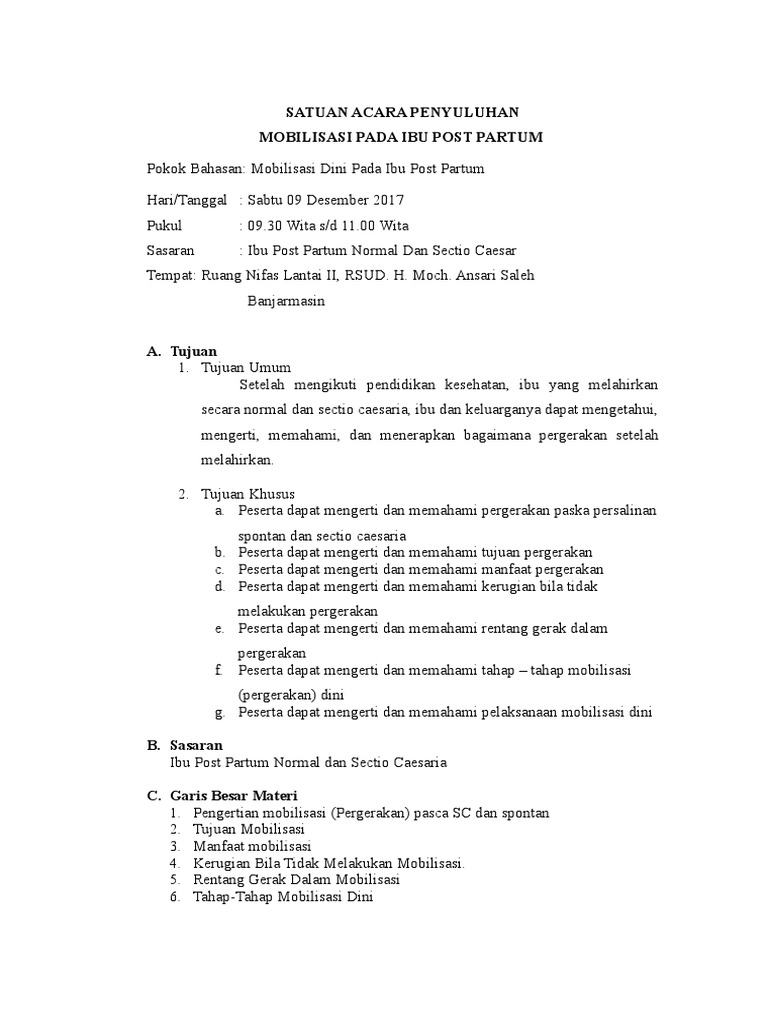 Sap Mobilisasi Post Partum | PDF