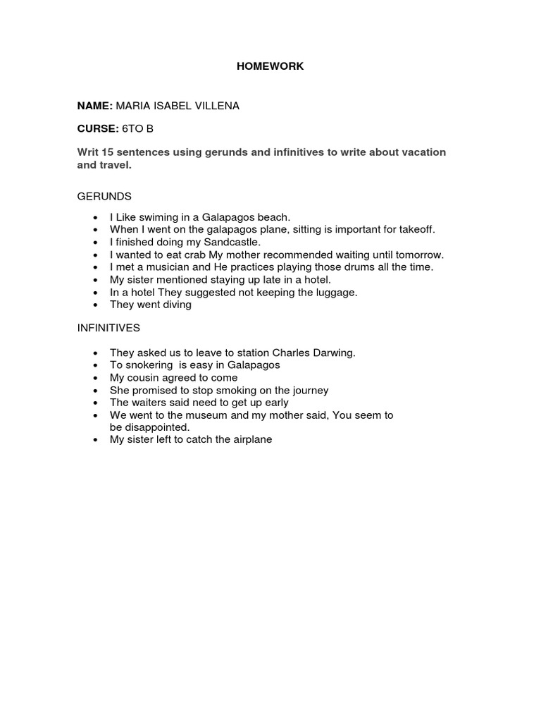 Homework: Writ 15 Sentences Using Gerunds and Infinitives To Write ...