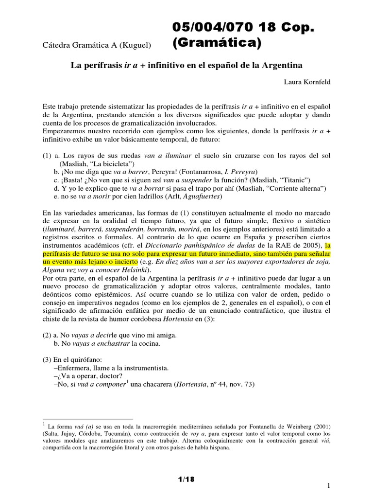 La Perífrasis Ir A + Infinitivo - Kornfeld | PDF | Verbo | Palabra