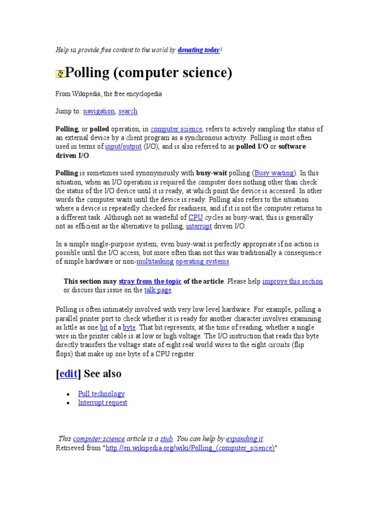Polling (Computer Science) : See Also | PDF | Input/Output | Computing