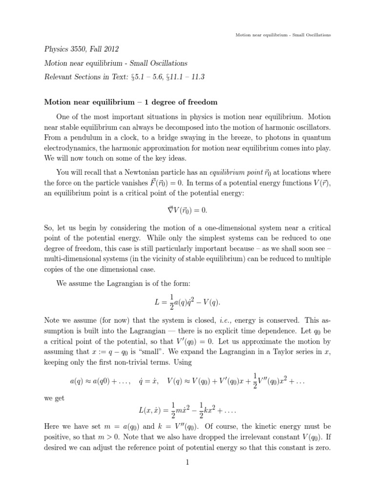 Motion Near Equilibrium - Small Oscillations | PDF | Normal Mode | Oscillation