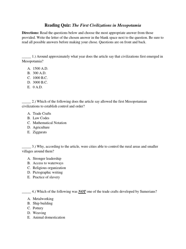 First Civilizations Quiz