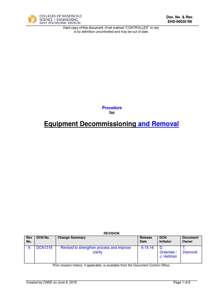 EHS-00030 R6 Equipment Decommissioning and Removal Procedure | PDF ...