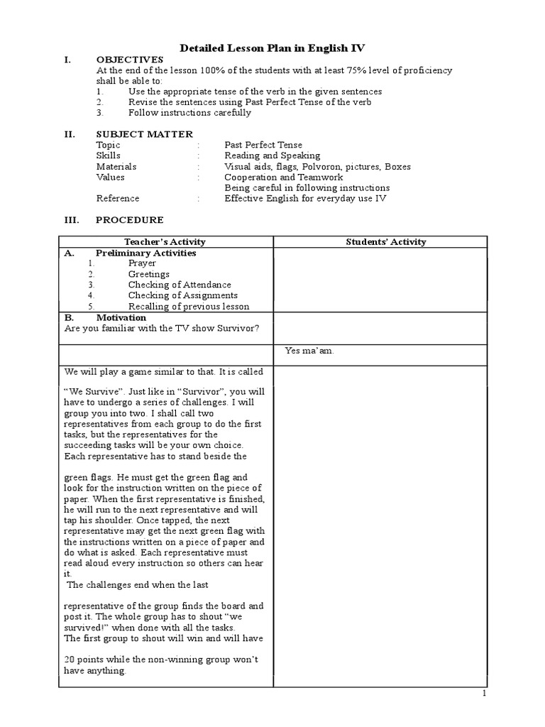 Detailed Lesson Plan Past Perfect Tense | PDF | Perfect (Grammar ...