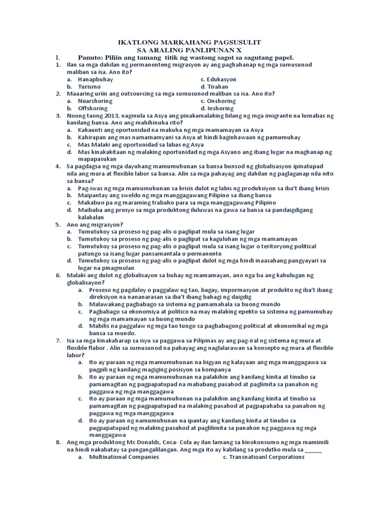 Ikatlong Markahang Pagsusulit Sa AP 10 | PDF