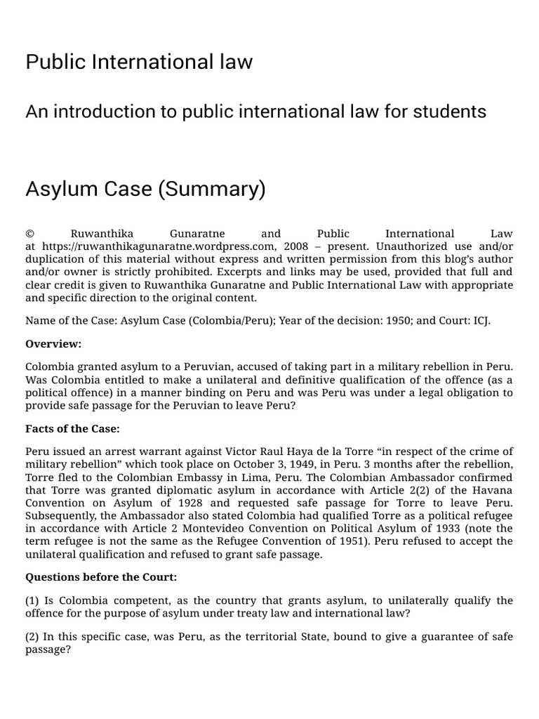 Asylum Case (Summary) - Public International Law | PDF | Refugee | Treaty