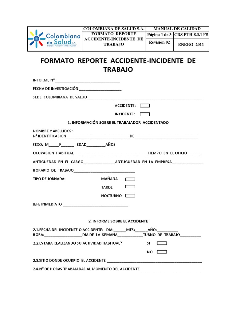 Formato Reporte de Accidente o Incidentes de Trabajo | PDF