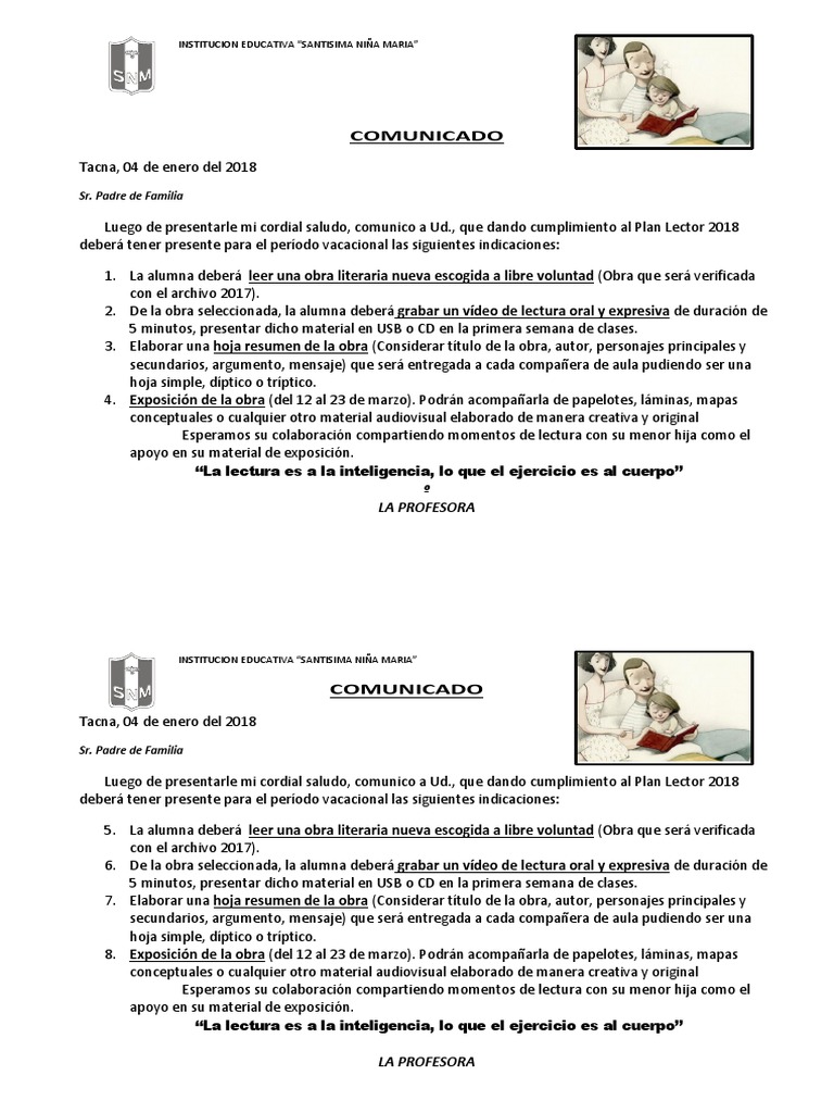 Comunicado Plan Lector 2018 | PDF | Lectura (proceso) | Educación avanzada