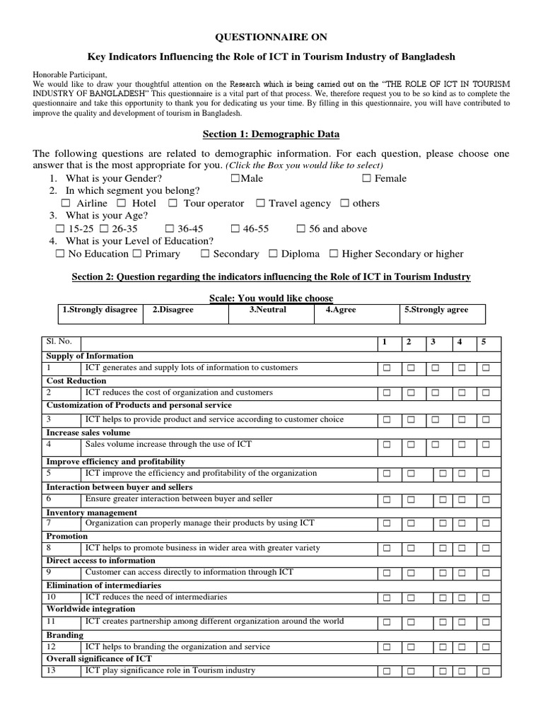 Questionnaire On Key Indicators Influencing The Role of ICT in Tourism ...