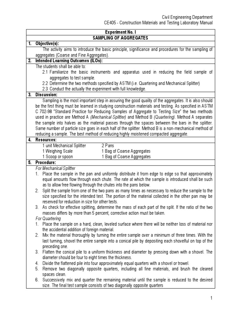 CE405 - Experiment 1 - Sampling of Aggregates | PDF | Experiment ...