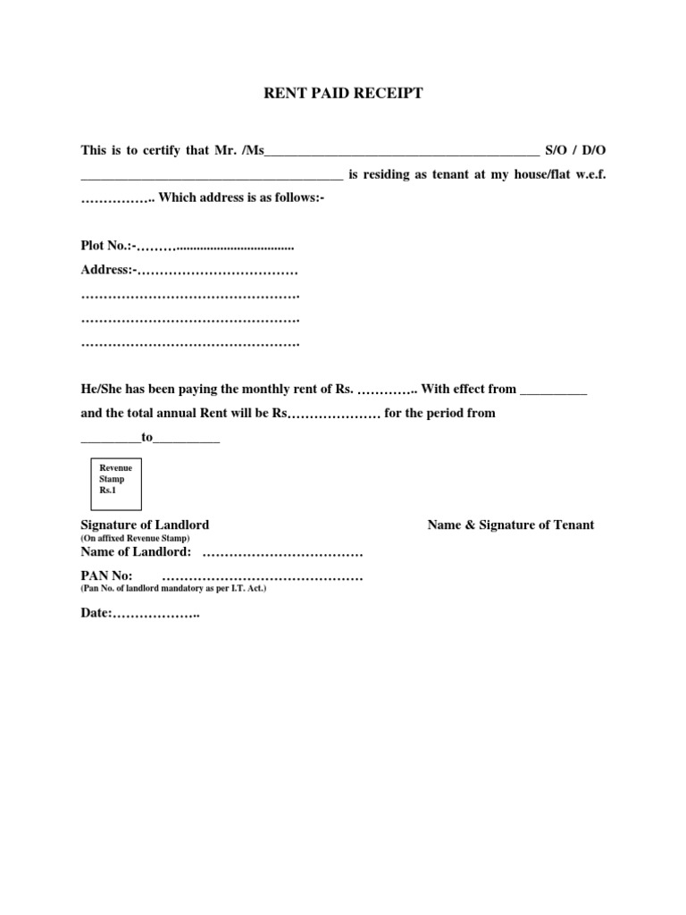 Rent Paid Receipt: Revenue Stamp Rs.1 | PDF