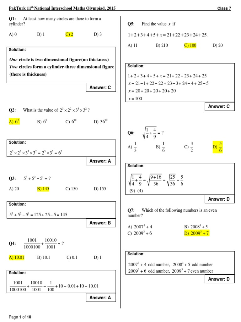 11th National ISMO Class 7 Question Paper With Solutions | PDF ...