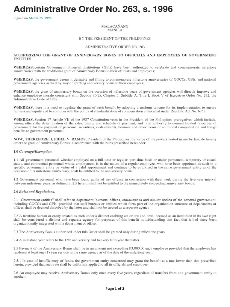 Administrative Order No 263 Re. Anniv Bonus | PDF | President Of The ...