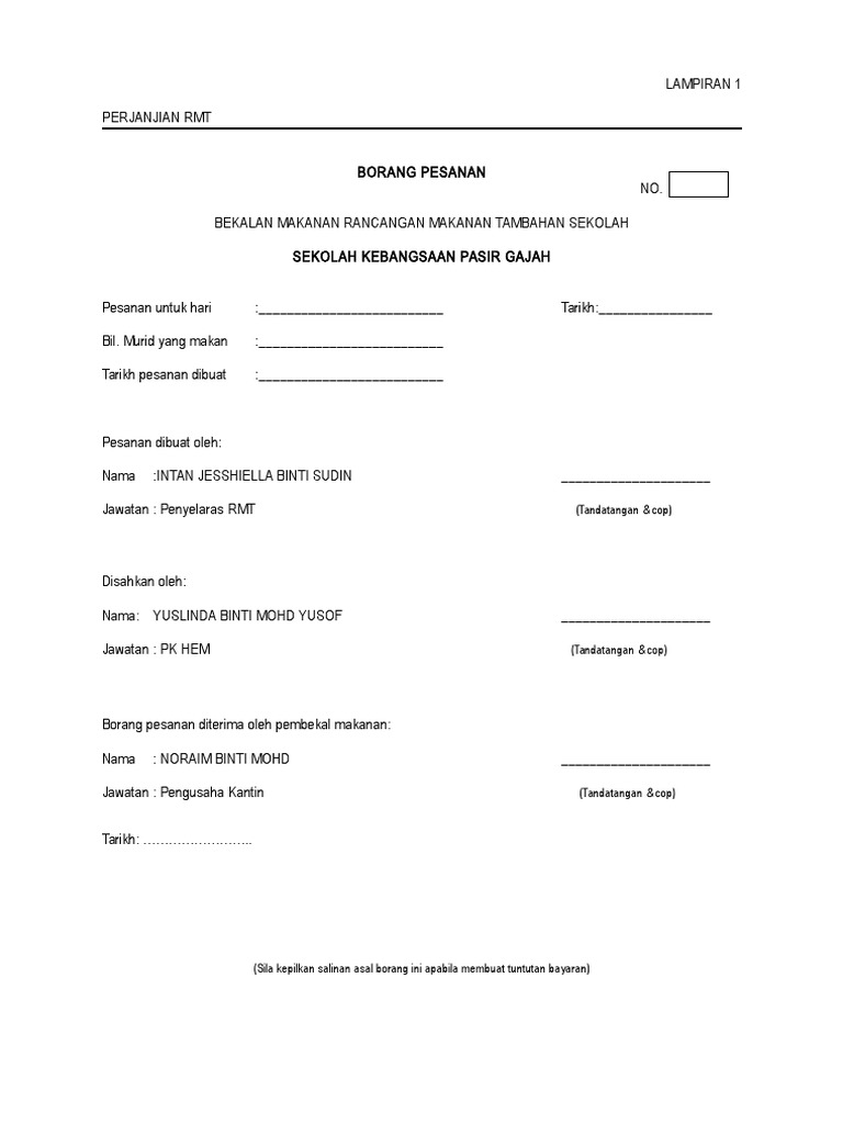 Borang Pesanan RMT | PDF