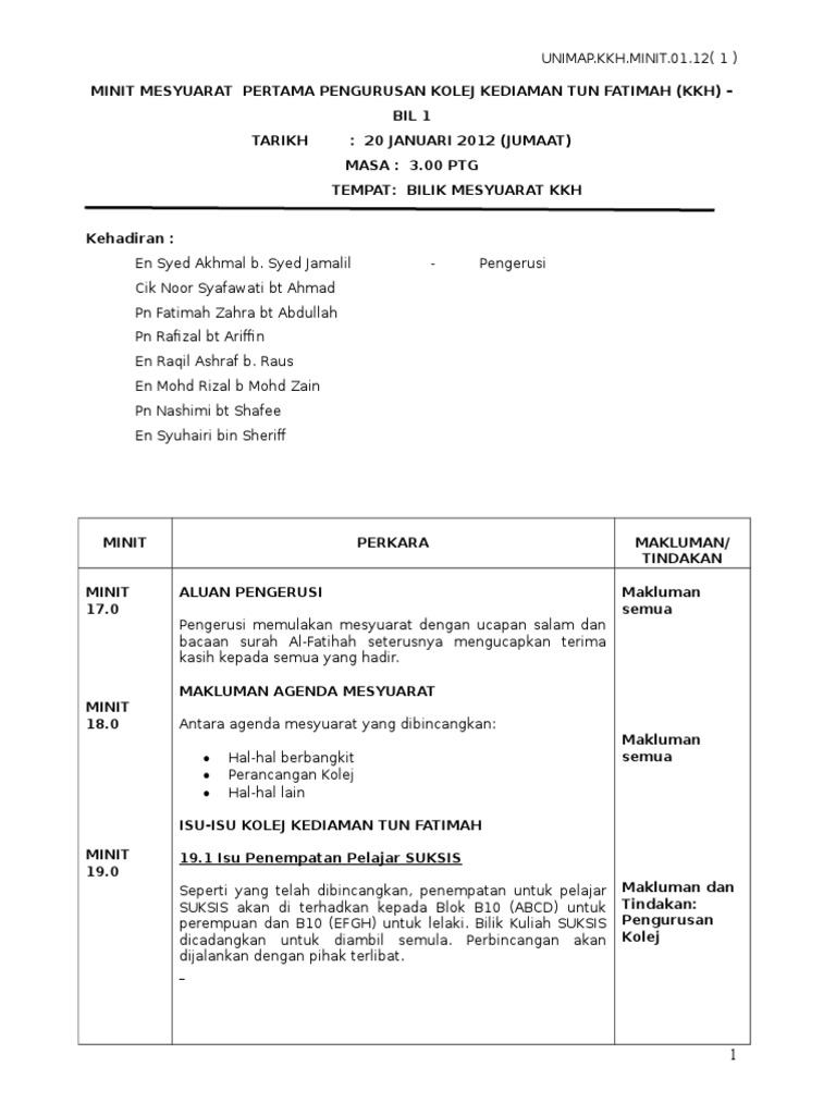 Contoh Minit Mesyuarat | PDF