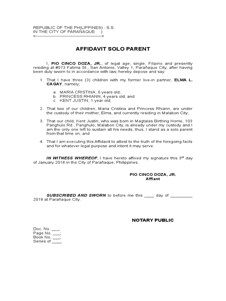 Affidavit of Solo Parent - Doza | PDF
