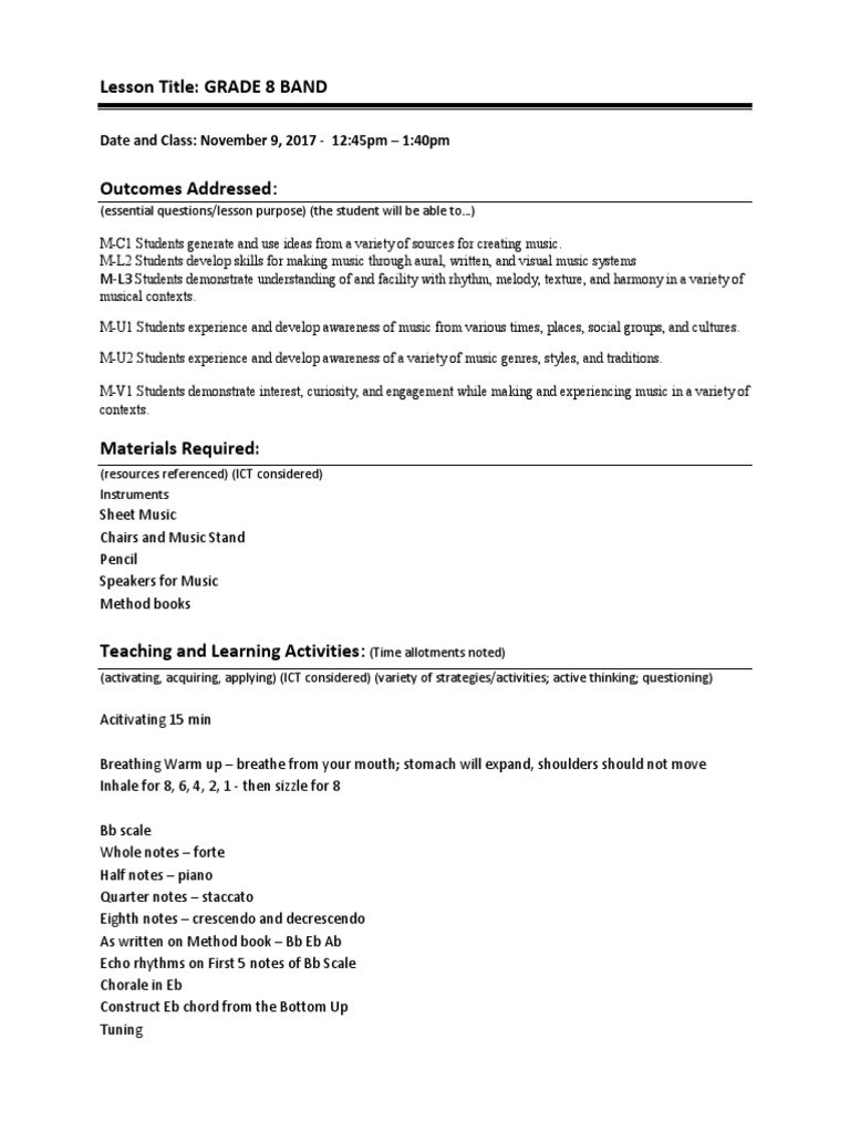 Grade 8 Band Lesson Plan Cecil Rhodes | PDF | Educational Technology ...