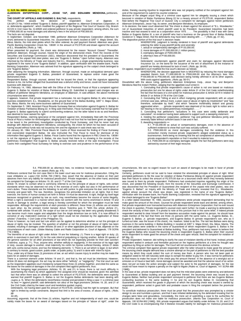 Sept 23 TORT Full Cases | PDF | Damages | Malicious Prosecution