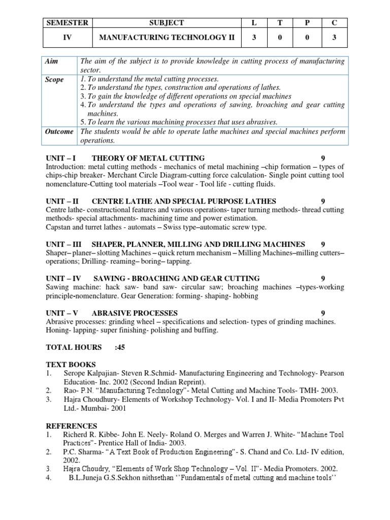 Manufacturing Technology II Syllabus | PDF | Machining | Machine Tool