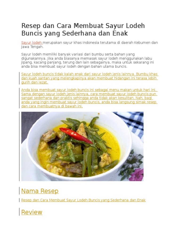 Resep Dan Cara Membuat Sayur Lodeh Buncis Yang Sederhana Dan Enak | PDF ...
