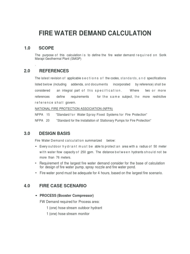 Fire Water Demand Calculation: 1.0 Scope | PDF | Pump | Energy And Resource