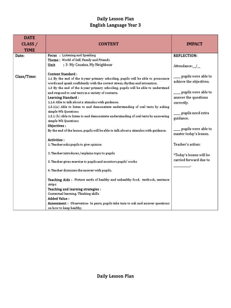 Date Class / Time Content Impact: Daily Lesson Plan English Language ...