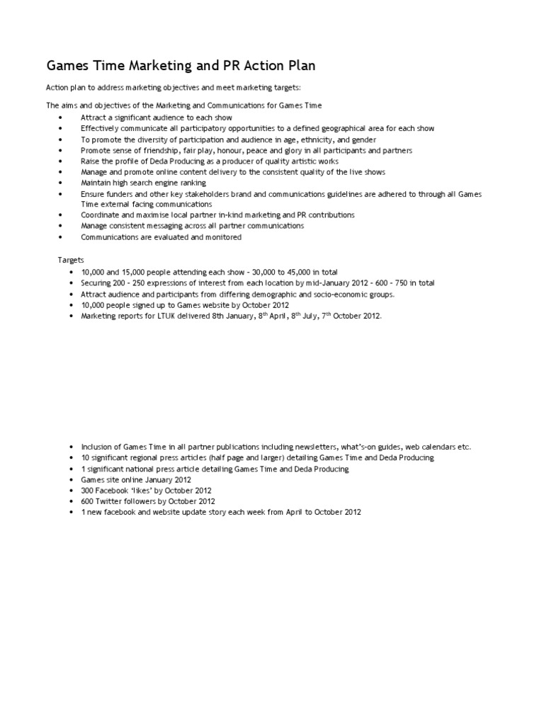 Games Time Marketing and PR Action Plan | PDF | Facebook | Marketing