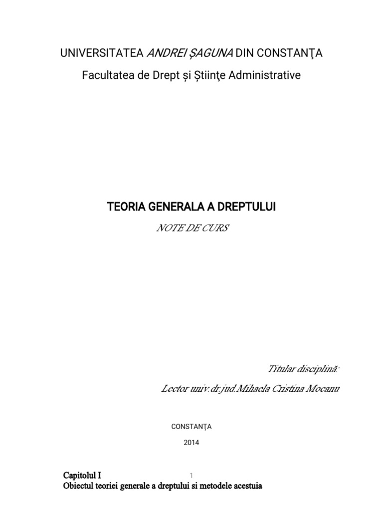 Anul I Teoria Generala A Dreptului Note de Curs PDF | PDF