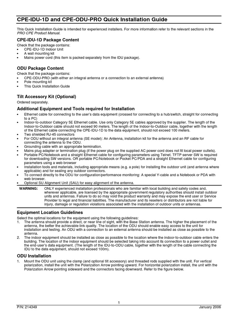 CPE-IDU-1D and CPE-ODU-PRO Quick Installation Guide | PDF | Electrical ...