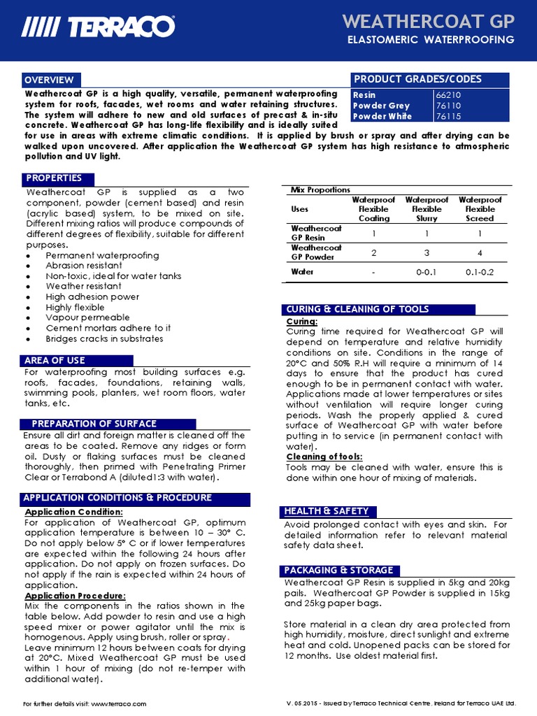 66210-76110-76115 Weathercoat GP. Water Proofing | PDF | Water | Cement