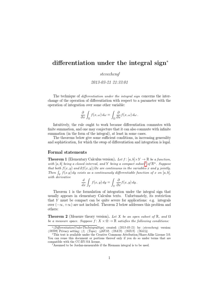 Differentiation Under the Integral Sign | PDF | Distribution ...