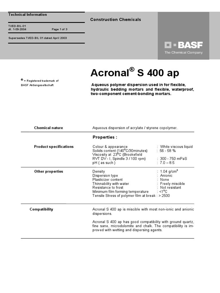 Acronal S 400 Ap PDF | PDF | Polymers | Mortar (Masonry)