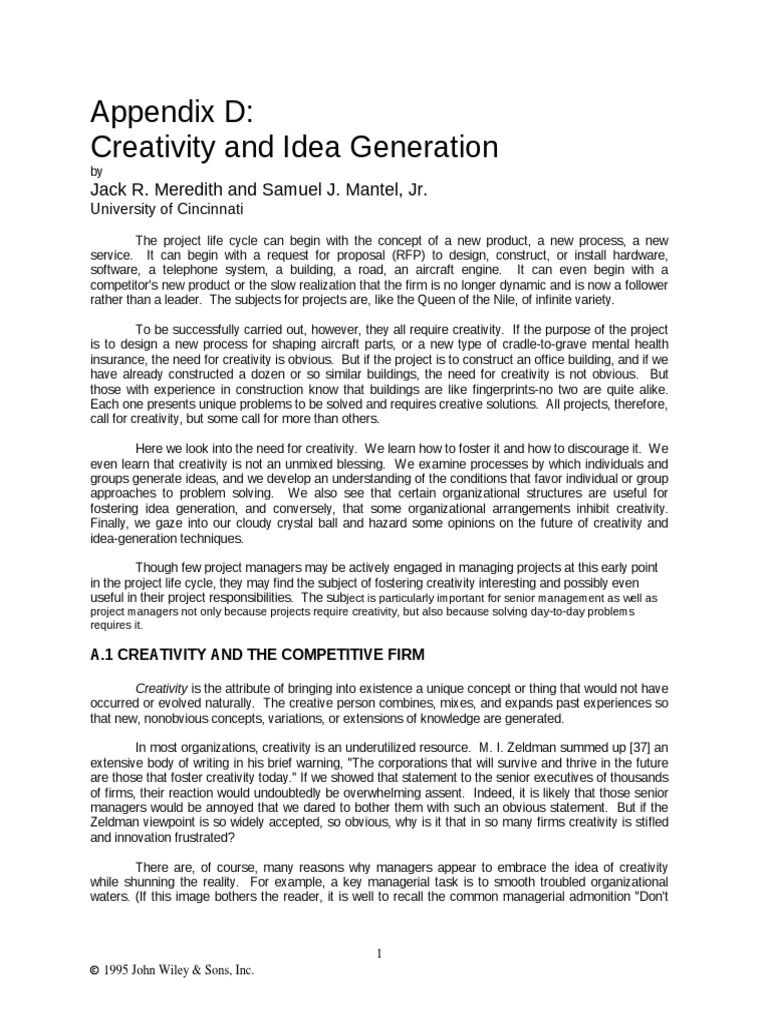 Appendix D: Creativity and Idea Generation: Jack R. Meredith and Samuel J. Mantel, JR | PDF ...