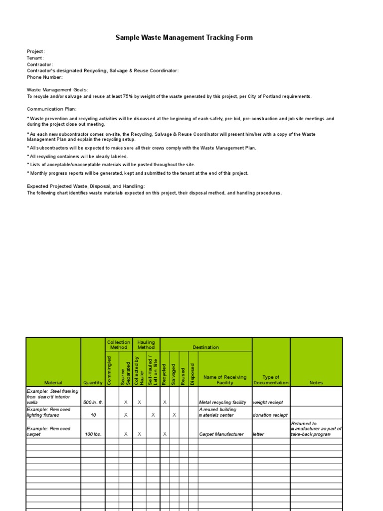 Waste Management Tracking Form Sample | PDF | Recycling | Reuse