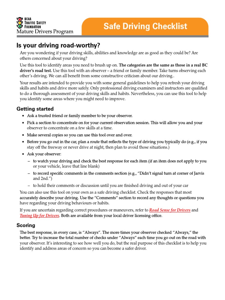 Safe Driving Checklist: Is Your Driving Road-Worthy? | PDF | Traffic ...