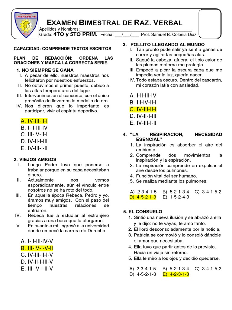 Exa Bim de Raz Verbal - 5to - IV Bim - San Marcos | PDF | Science | Fisiología