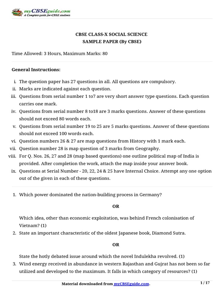 Cbse Class-X Social Science Sample Paper (By Cbse) : Material ... Cbse Class-X Social Science Sample Paper (By Cbse) : Material ...