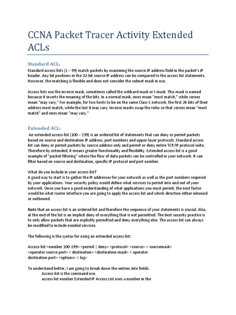 CCNA Packet Tracer Activity Extended Acls: Standard ACL | PDF ...