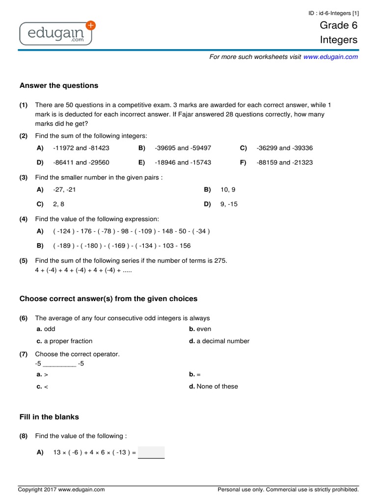 Grade 6 Integers: Answer The Questions | PDF | Division (Mathematics ...