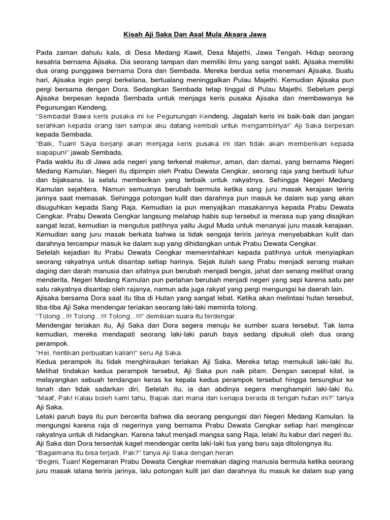 Kisah Aji Saka Dan Asal Mula Aksara Jawa | PDF