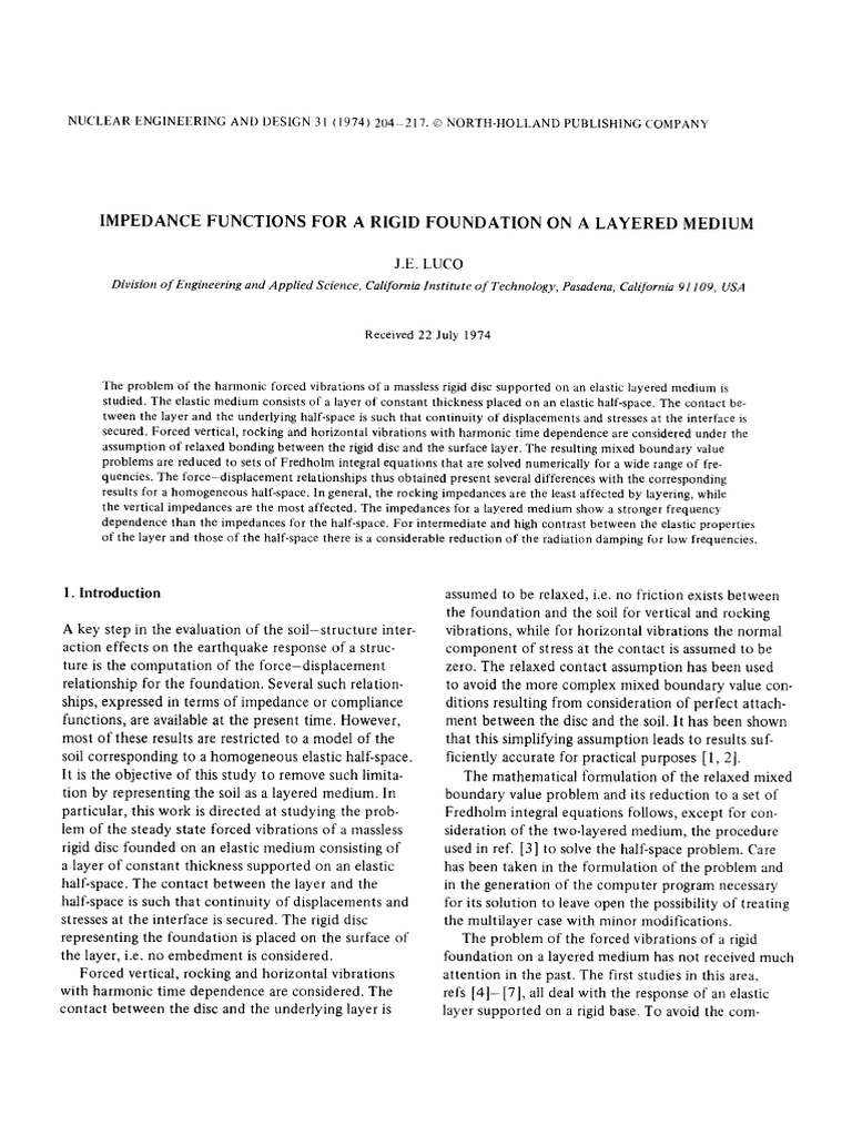 1974 - Impedance Functions For A Rigid Foundation On A Layered Medium | PDF | Stress (Mechanics ...