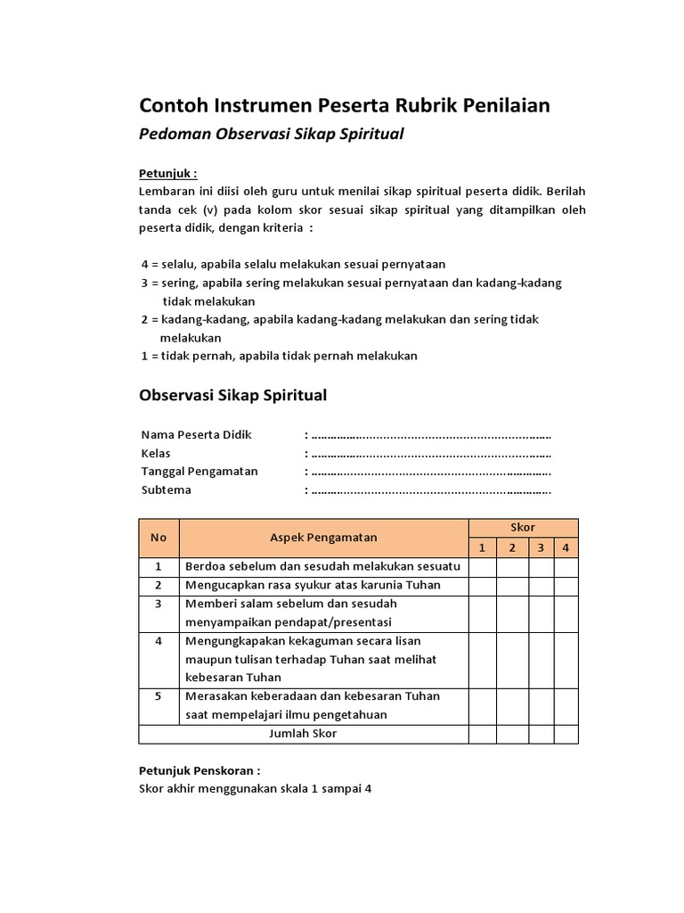 006 Contoh Instrumen Beserta Rubrik Penilaian | PDF | Sains & Matematika
