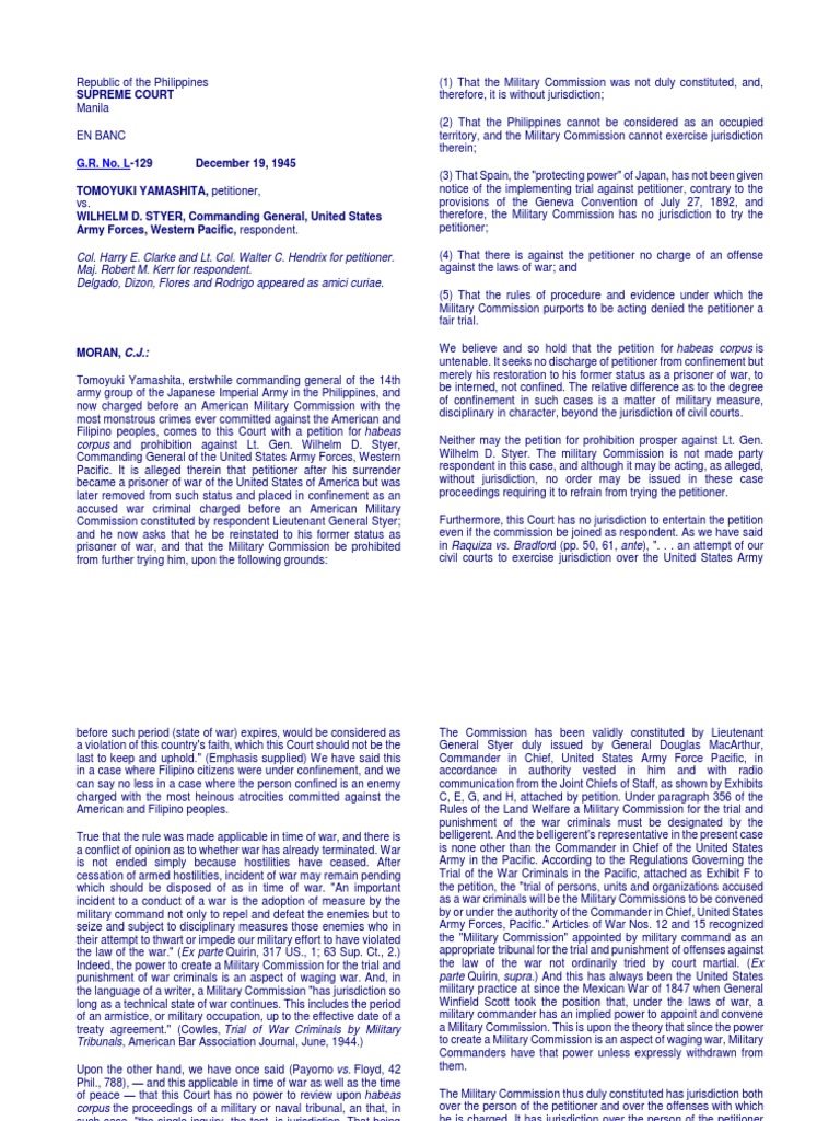 Yamashita V Styer | PDF | Military Justice | War Crime